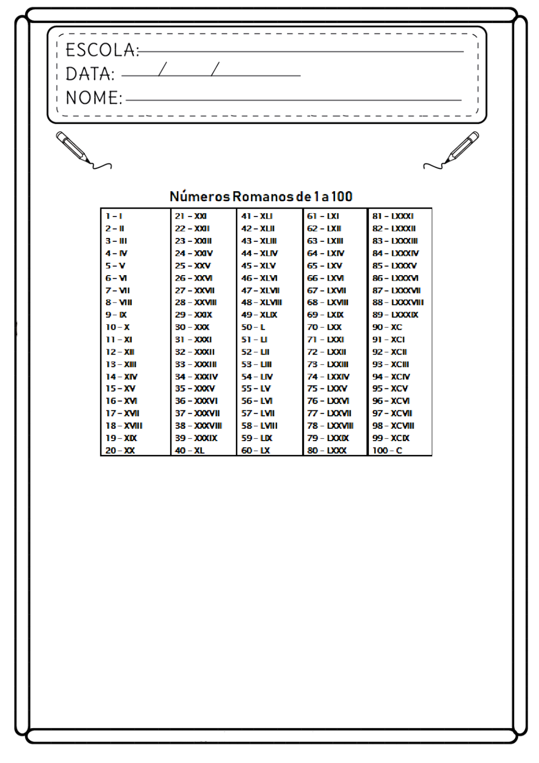 Números de 1 a 100 (Tabelas, atividades, extensos, inglês e romanos)